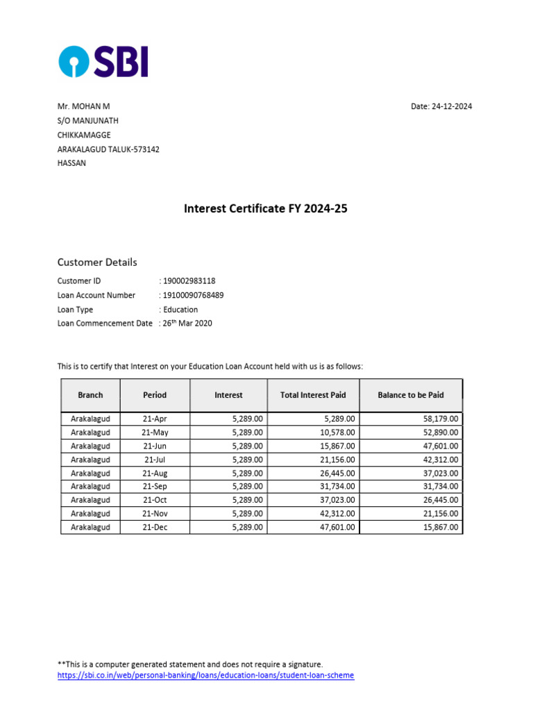 SBI Education Loan Interest Certificate | PDF