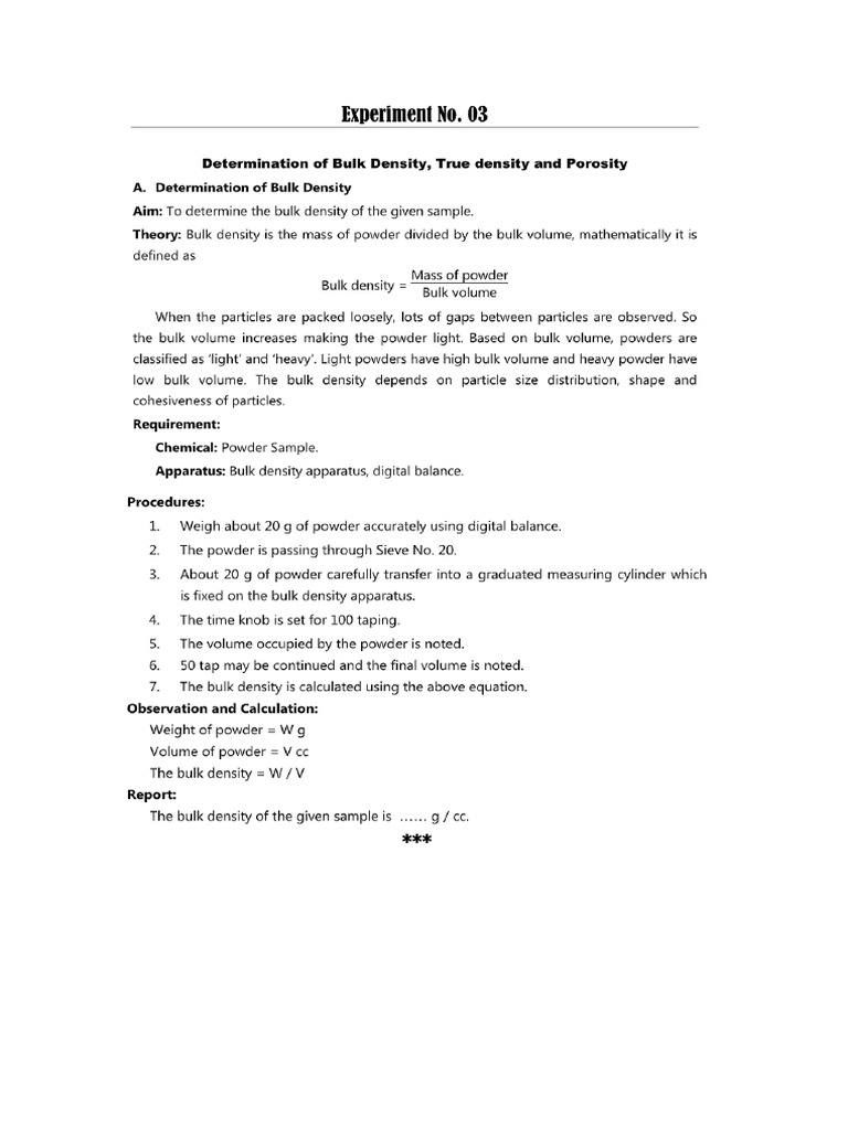 Exp 3 bulk density tapped density porosity | PDF