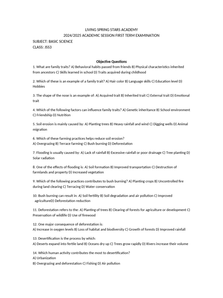 Basic Science Questions JSS3 | PDF | Deforestation | Soil