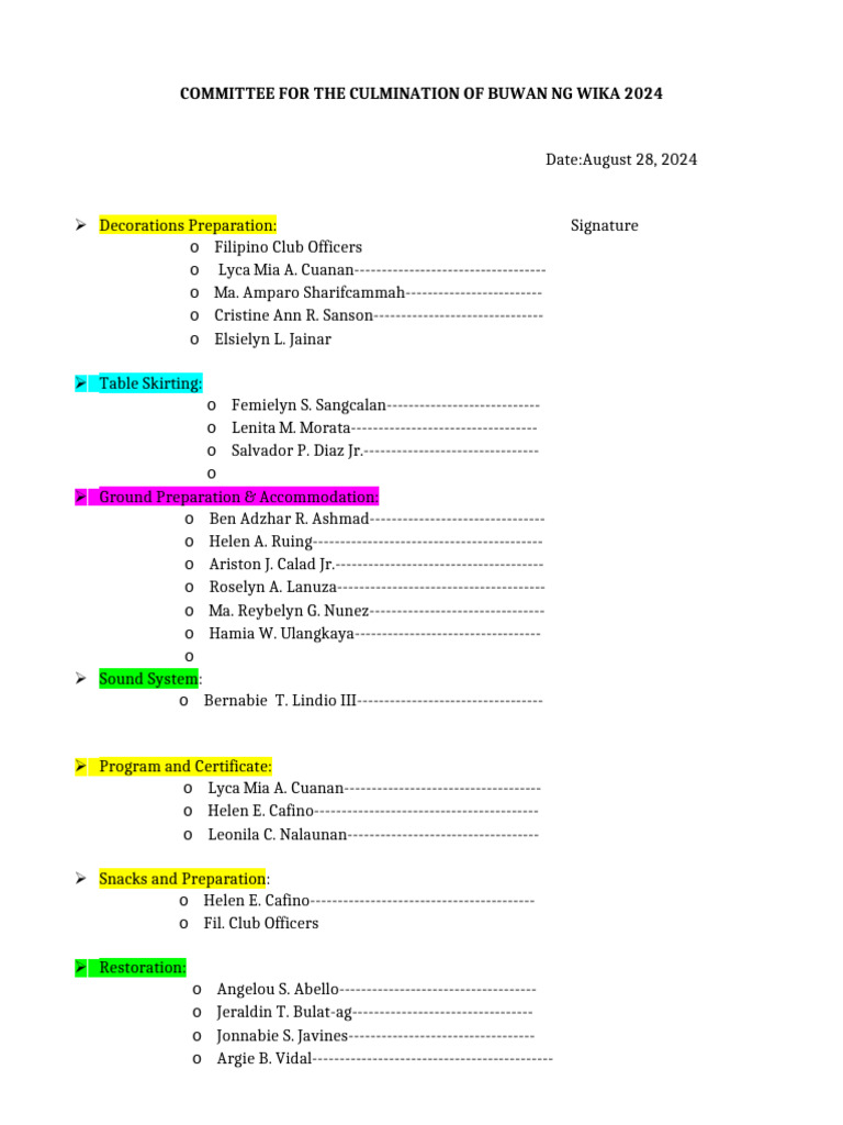 Committee For The Culmination of Buwan NG Wika 2024 | PDF