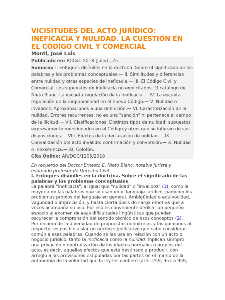 Monti - Vicisitudes Del Acto Juridico - Ineficacia y Nulidad - La Cuestion en El Codigo Civ ...
