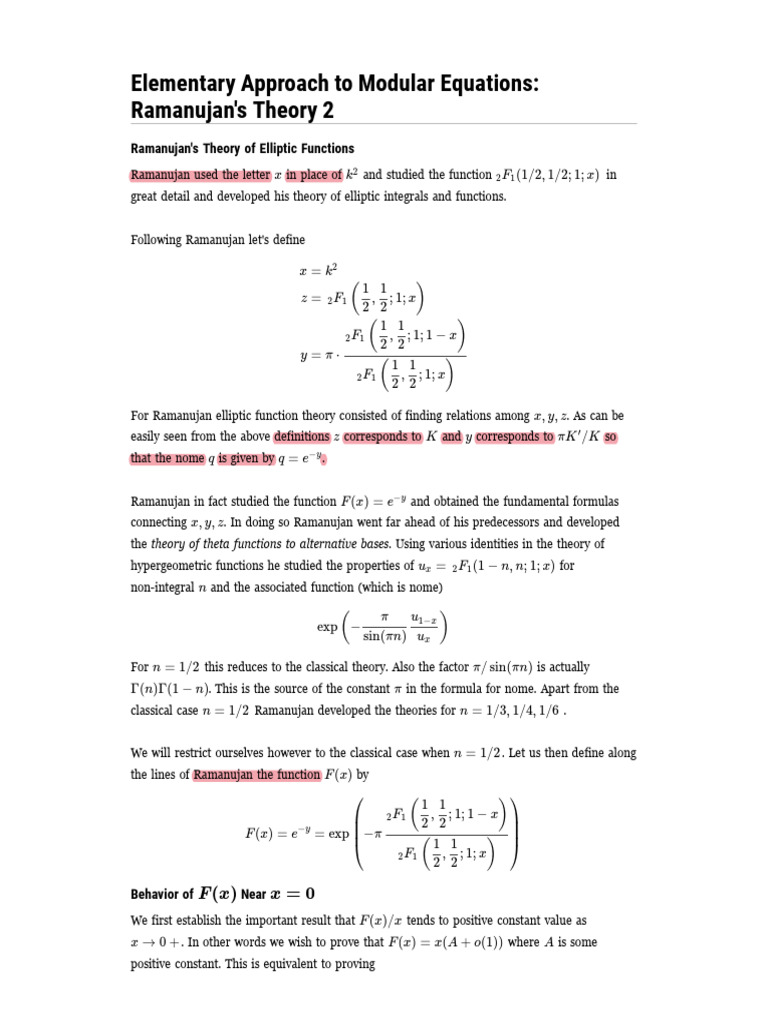 2011 12 Elementary Approach To Modular Equations Ramanujans Theory 2 Pdf Combinatorics
