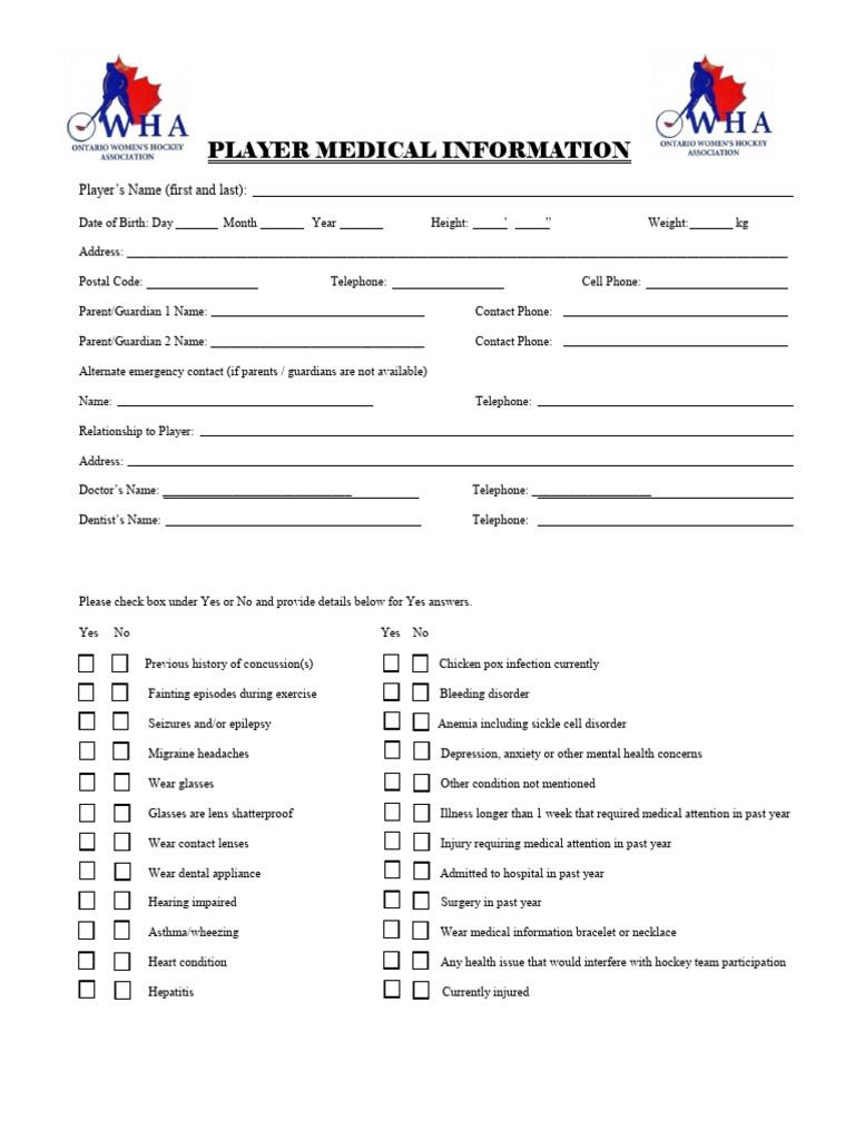 Player Medical Information Form | PDF | Diseases And Disorders ...