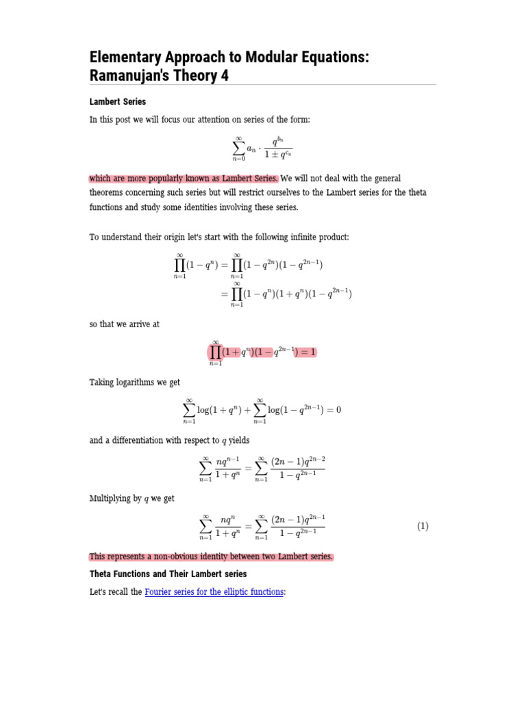 2012 01 Elementary Approach To Modular Equations Ramanujans Theory 4 Pdf Special Functions