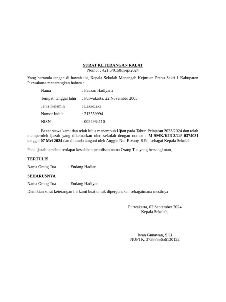 Surat Keterangan Ralat Nama | PDF