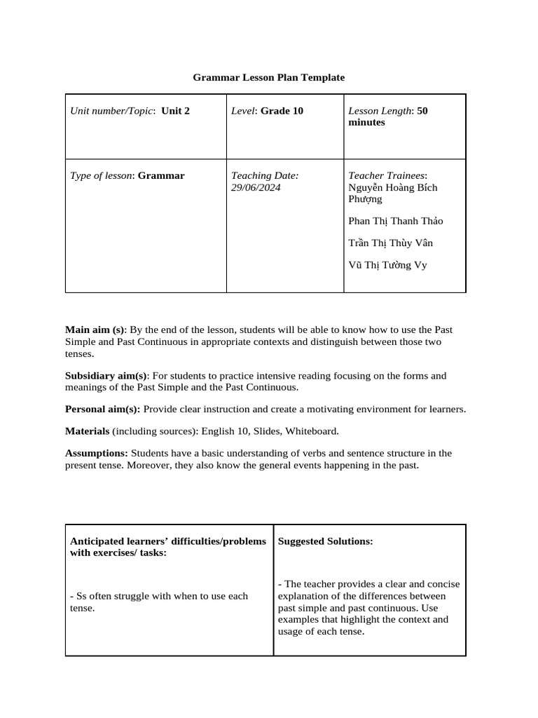 Grammar Lesson Plan | PDF | Grammatical Tense | Verb