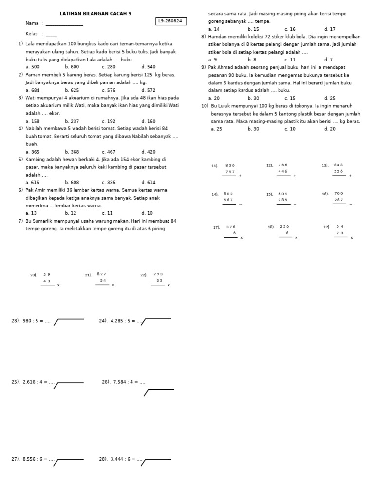 Latihan Bilangan Cacah 9 (l9) | PDF