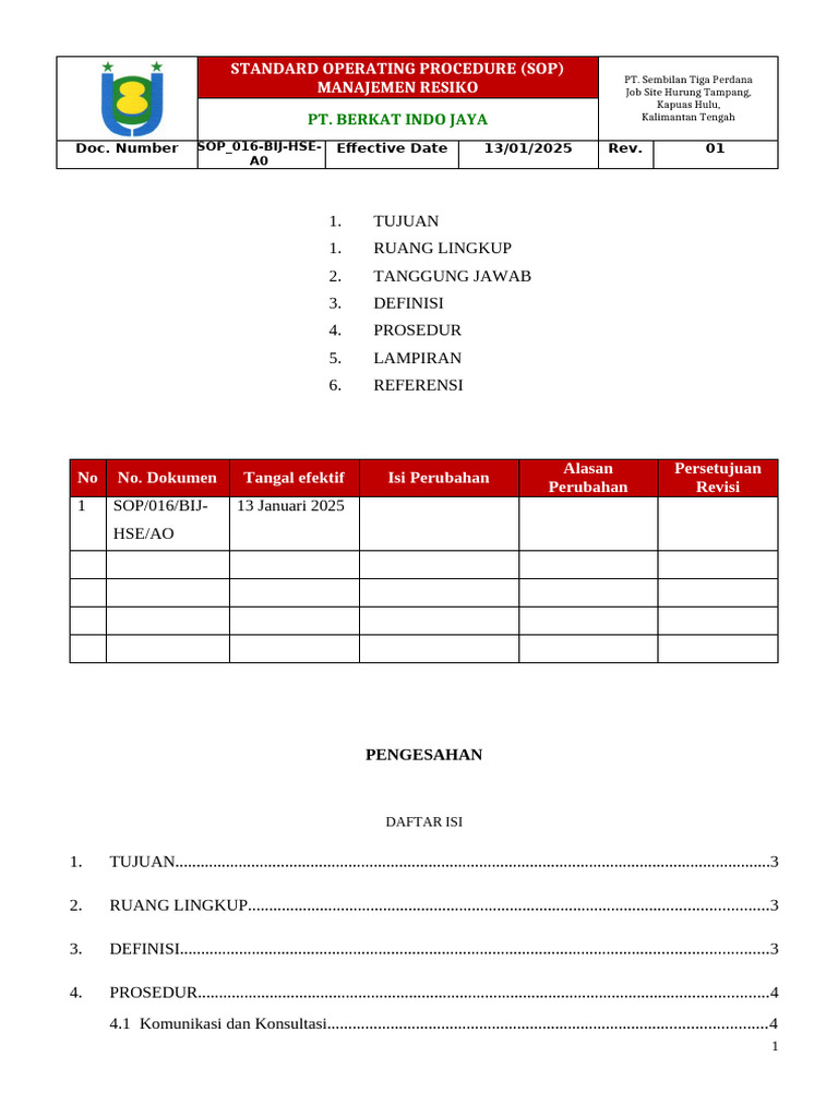 SOP-016-BIJ-HSE-A0 HSE-MANAJEMEN RESIKO | PDF