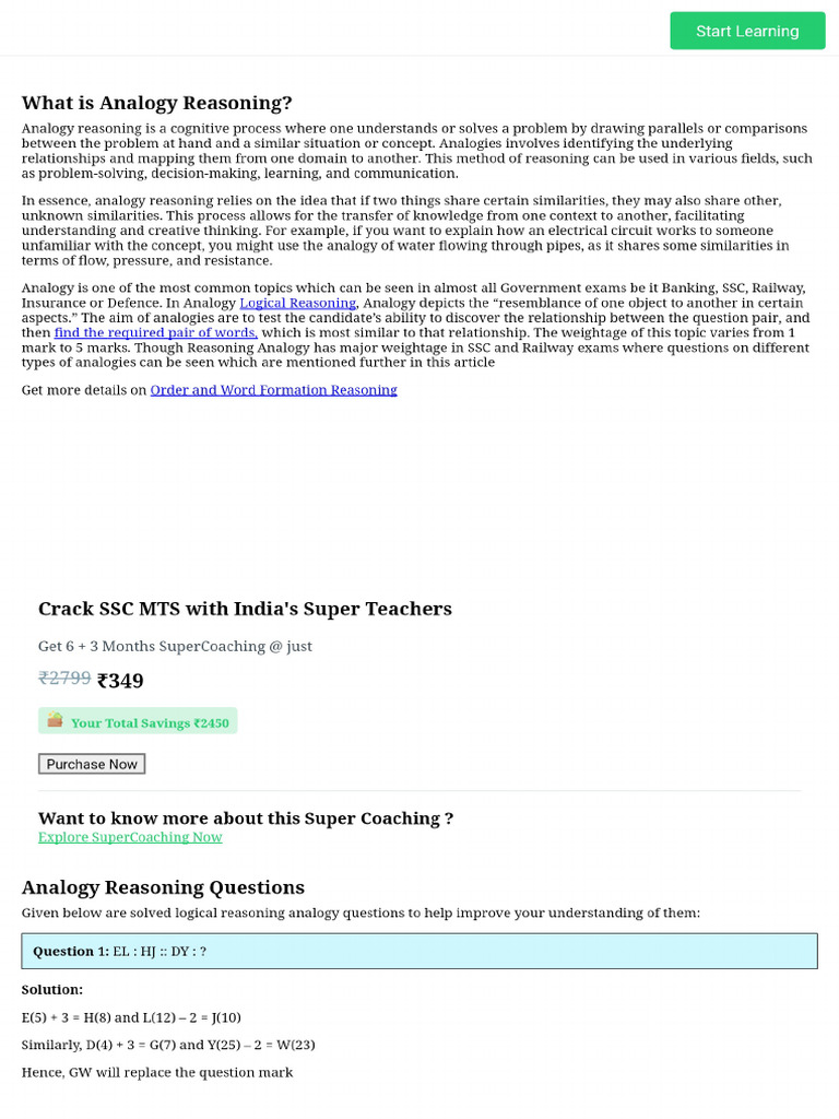 Analogy Reasoning - Key Concepts, Analogy Questions With Answers | PDF
