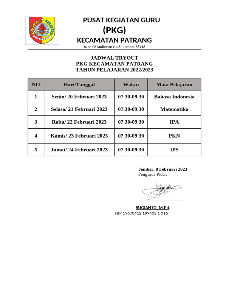 JADWAL TRYOUT PKG | PDF