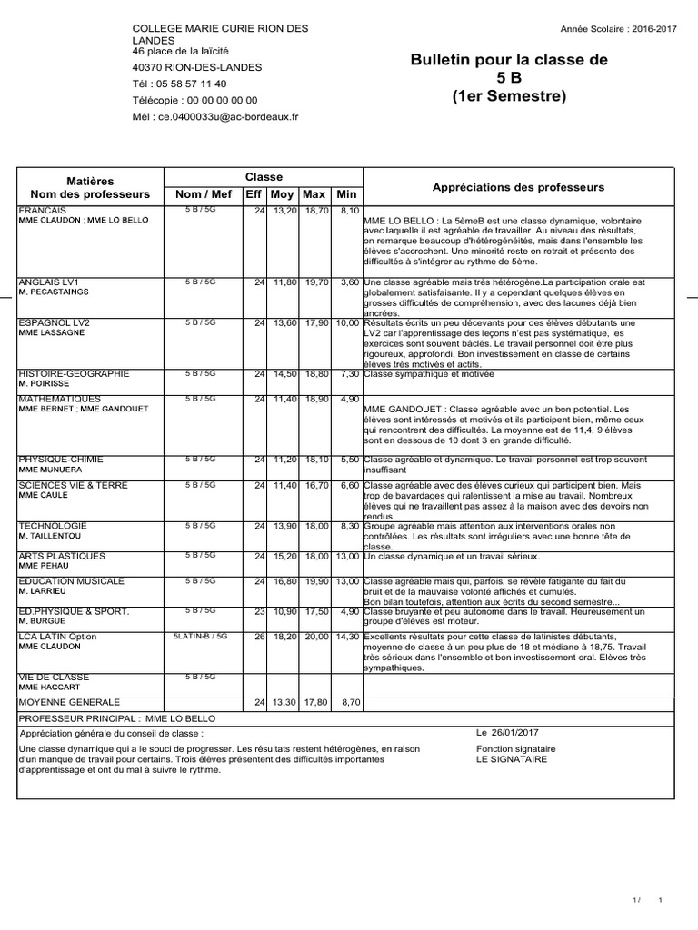Bulletin 1er Semestre 5B | PDF