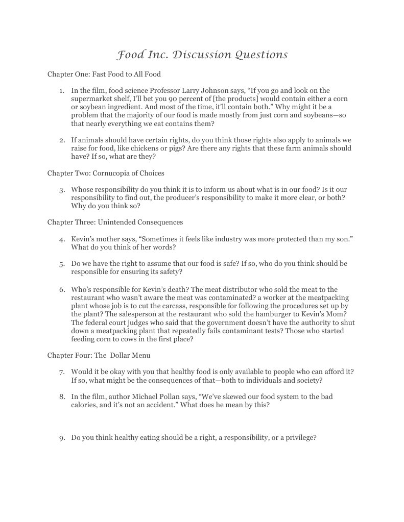 Food Inc Study Guide and Questions | PDF | Meat | Foods