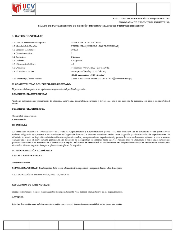 Silabo - FUNDAMENTOS DE GESTIÓN DE ORGANIZACIONES Y EMPRENDIMIENTO ...