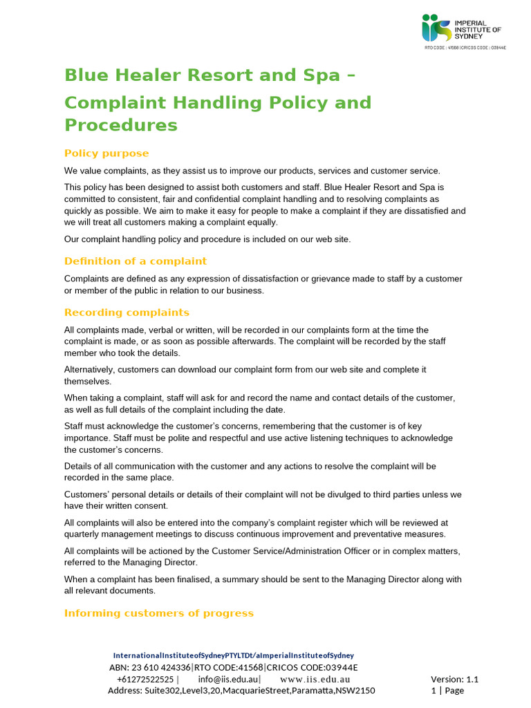 SITXCCS015 Complaint Handling Policy and Procedures | PDF | Complaint