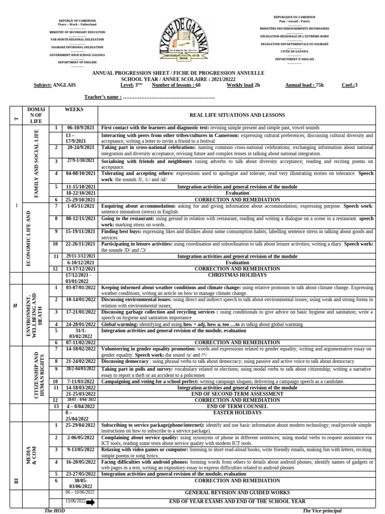 MY 3ème ANGLAIS ANNUAL PROGRESSION SCHEET | PDF | Verb | Linguistics