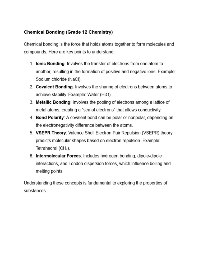 Chemical Bonding Overview for Grade 12 | PDF