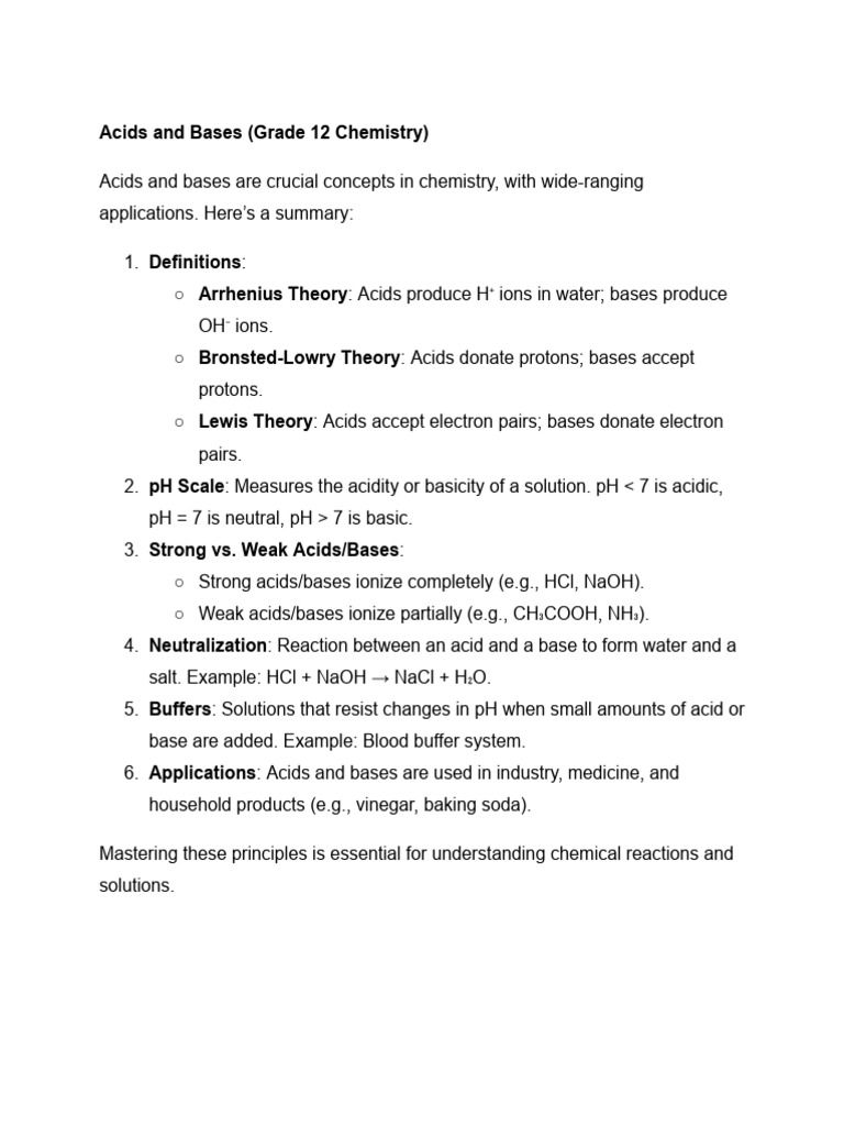 Acids and Bases (Grade 12 Chemistry) | PDF