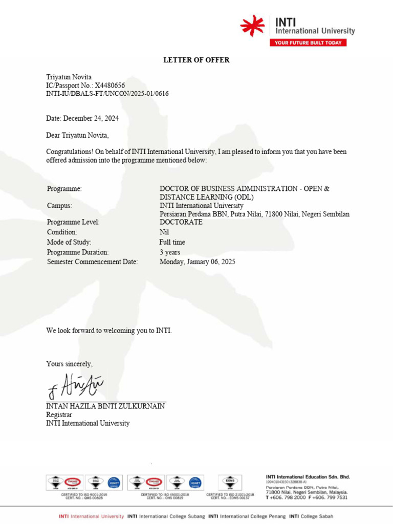 INTI International University Offer Letter | PDF