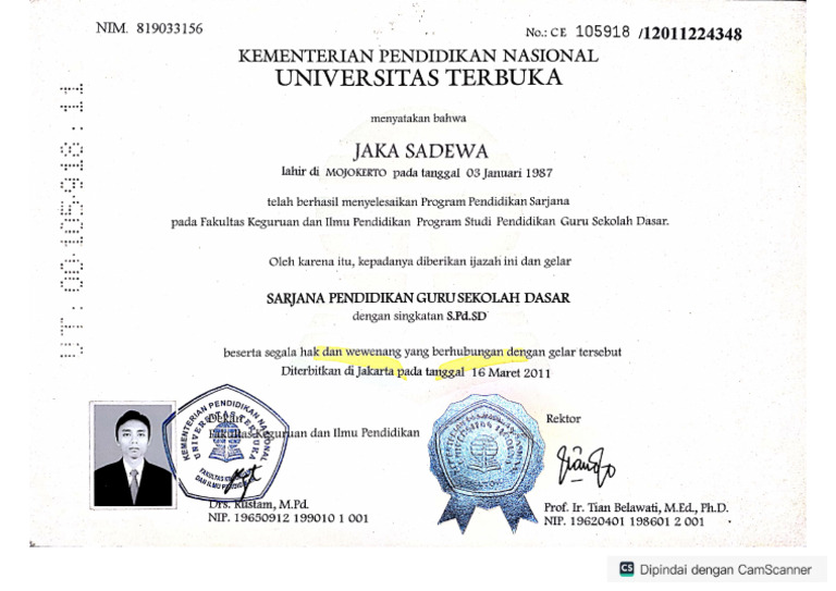 Ijazah - Jenjang Pendidikan - 198701032020121003 | PDF