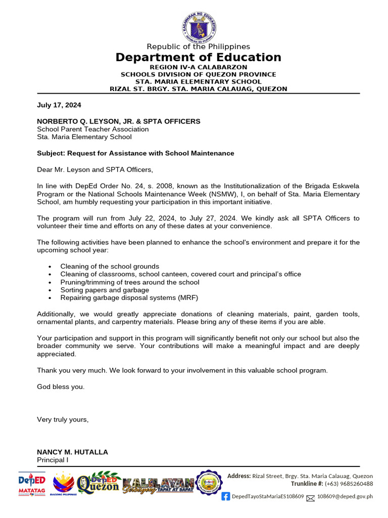 Brigada Eskwela 2024 Letter | PDF | Fire Safety