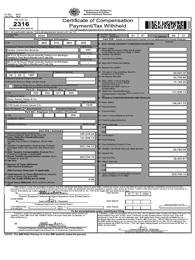 Espada, Joanne Kae B - BIR 2316 CY24 | PDF
