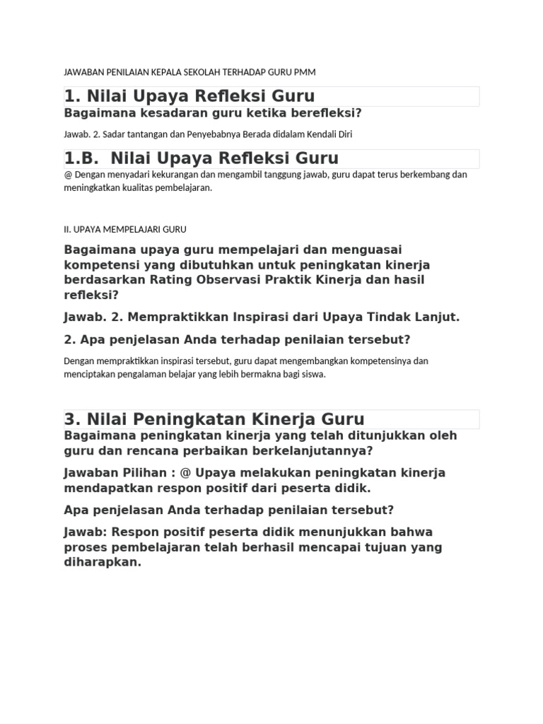 Jawaban Penilaian Kepala Sekolah Terhadap Guru PMM - Riswan | PDF
