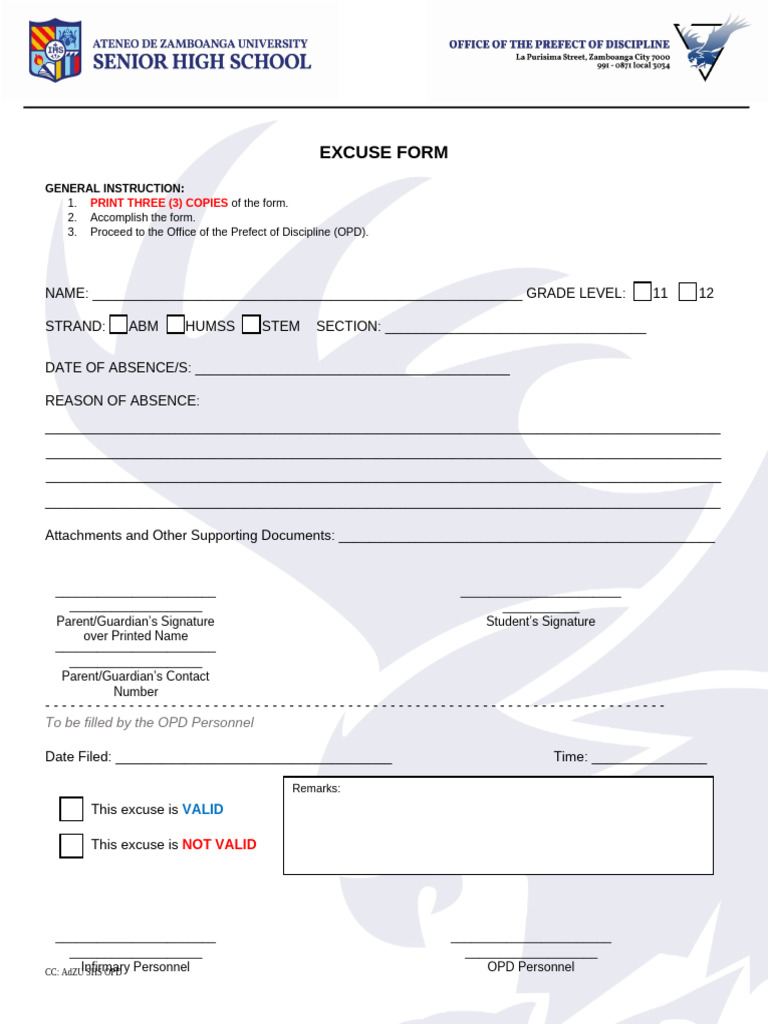 Excuse Form 2023 | PDF