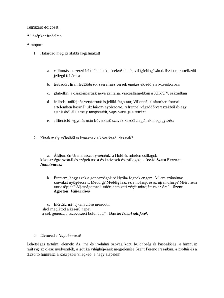 Magyar Irodalom 9. - 03 A Középkor Feladatlap Megoldókulcs | PDF