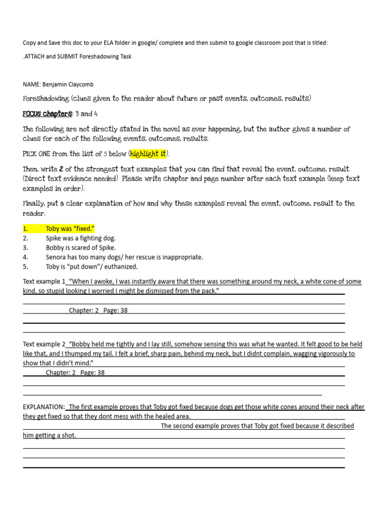 2023 Foreshadowing Task CH 3 and 4 | PDF