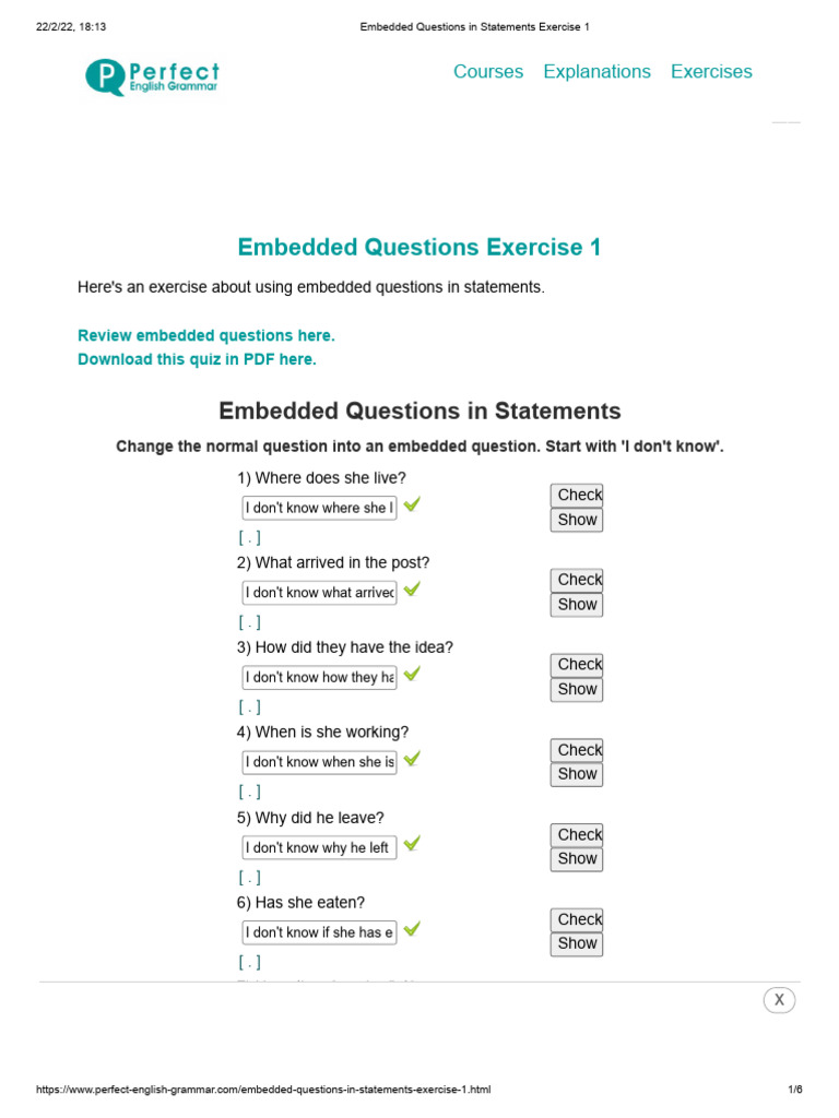 Embedded Questions in Statements Exercise 1 | PDF