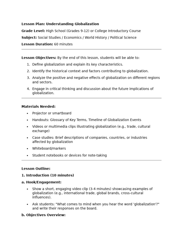 Lesson Plan On Globalization | PDF | Globalization | Human Communication