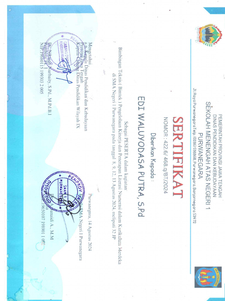 Sertifikat Bintek Literasi 1 2024 | PDF