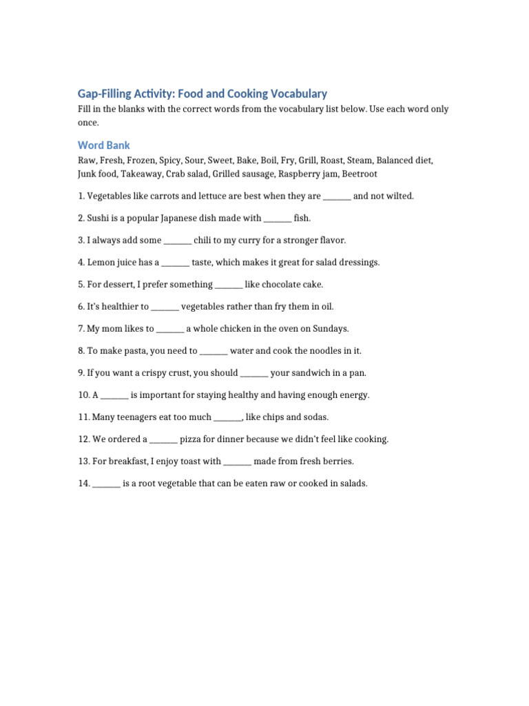 Gap Filling Food and Cooking Vocabulary | PDF