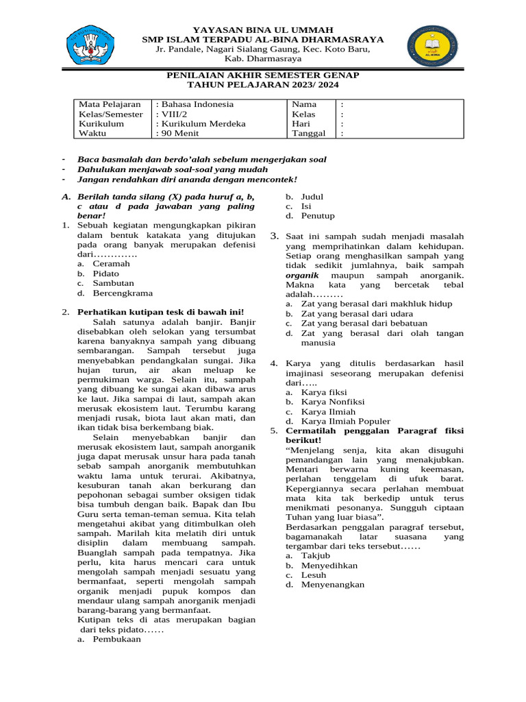 SOAL PAS 2 B.INDO KELAS VIII 2024 | PDF
