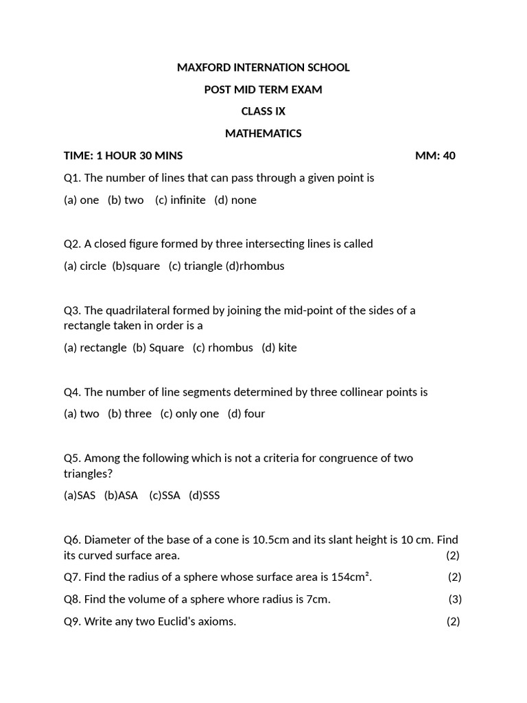 Class Ix Maths Post Mid Term | PDF | Elementary Mathematics | Euclid