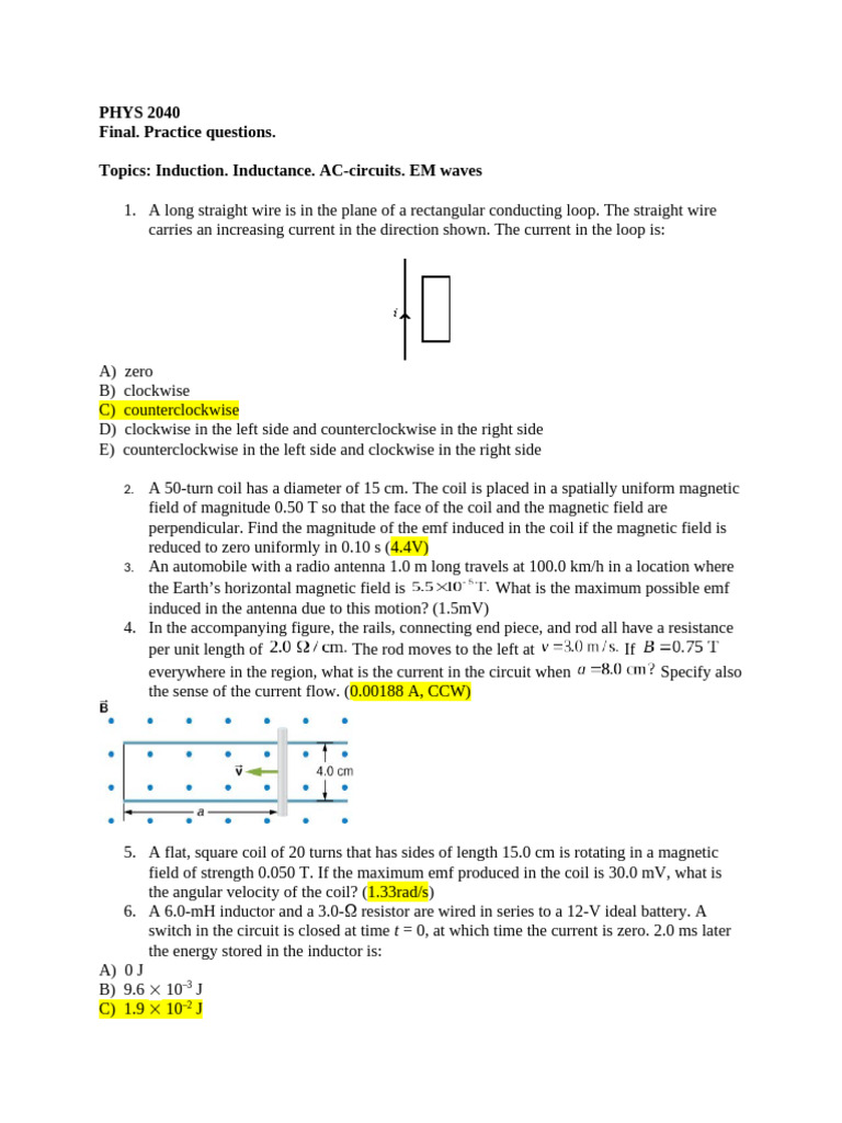 Physics Final Questions | PDF | Inductor | Voltage