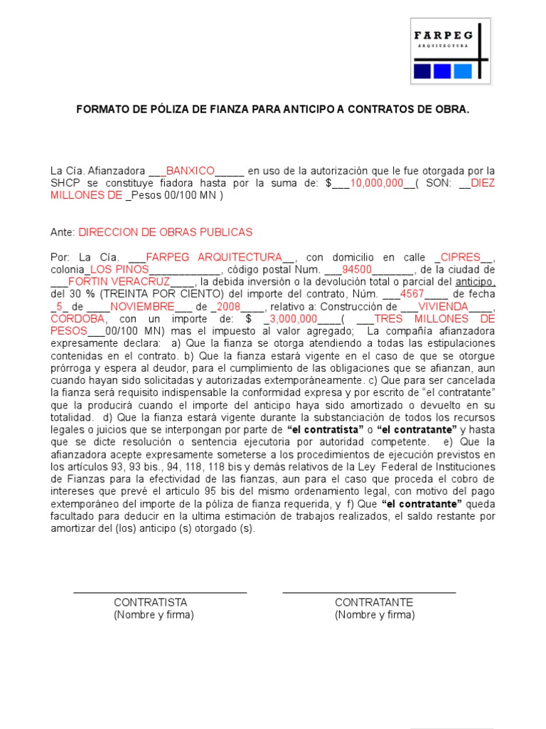 Fianza Anticipo, Cumplimiento y GarantÍa | PDF | Póliza de seguros ...