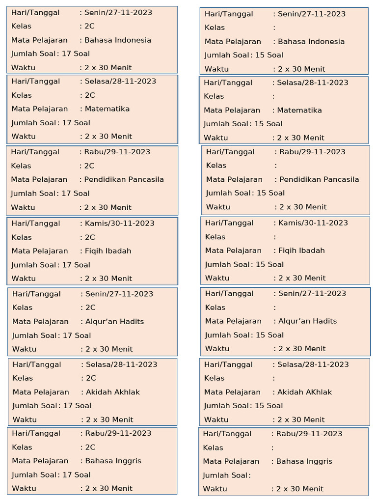 Map Soal Ujian Kelas 2C | PDF