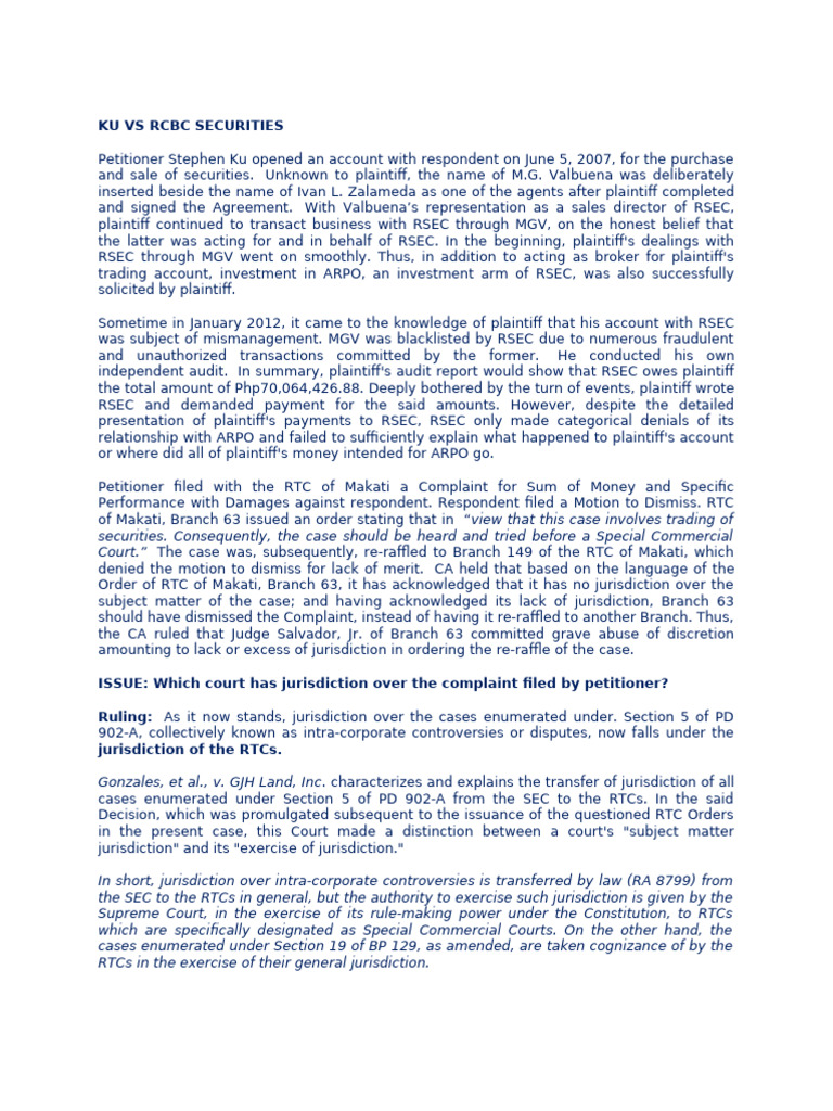 KU VS RCBC SECURITIES | PDF | Jurisdiction | Complaint