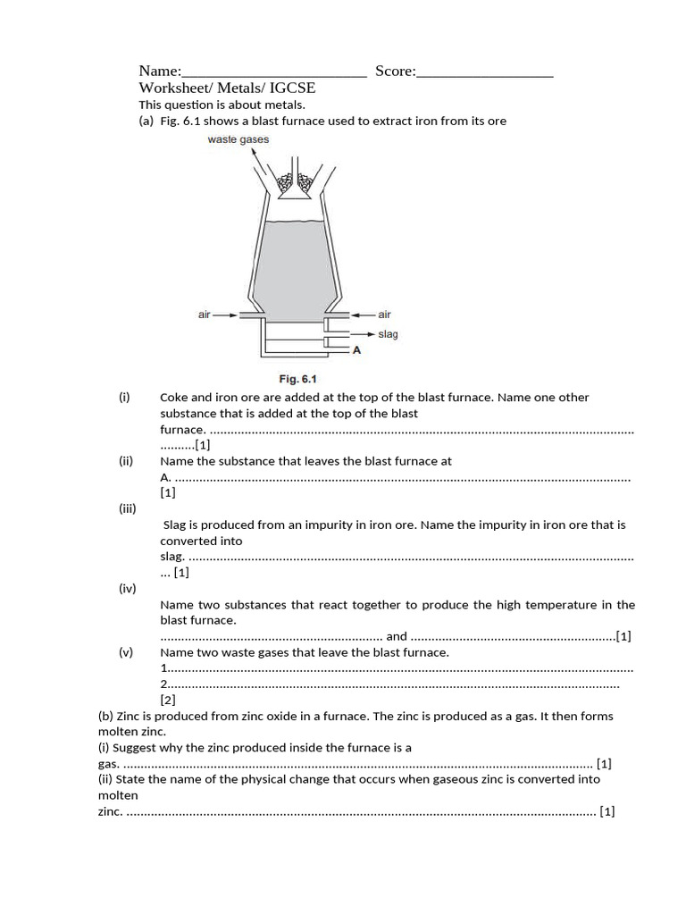 Metals Extraction Worksheet IGCSE | PDF