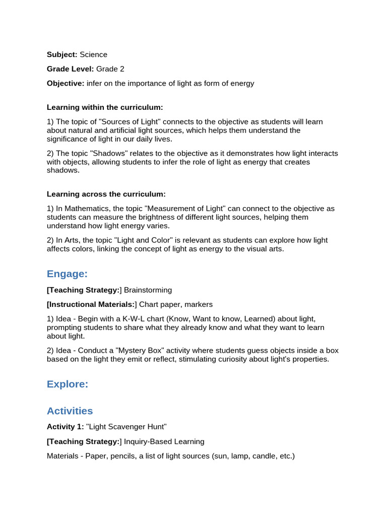 Lesson Plan (8) | PDF | Light | Learning