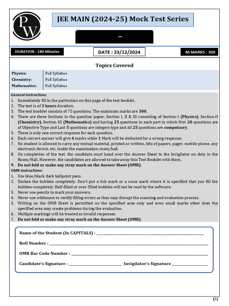Mock Test - 01 - Test Paper | PDF | Capacitor | Waves