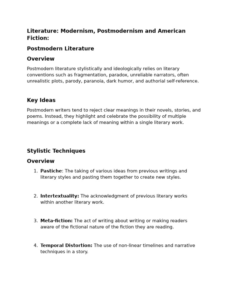 Modernism, Post Modernism and American Fiction | PDF | Postmodern ...
