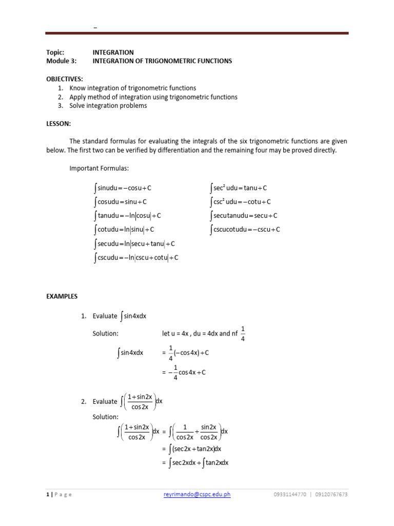 Module 3 Integration Of Trigonometric Functions Pdf Integral Trigonometric Functions