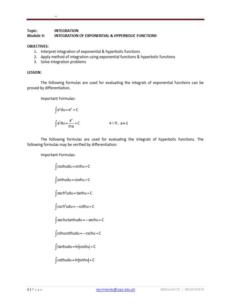 Module-4-Integration-of-Exponential-Hyperbolic-Functions-1 | PDF | Integral | Functions And Mappings