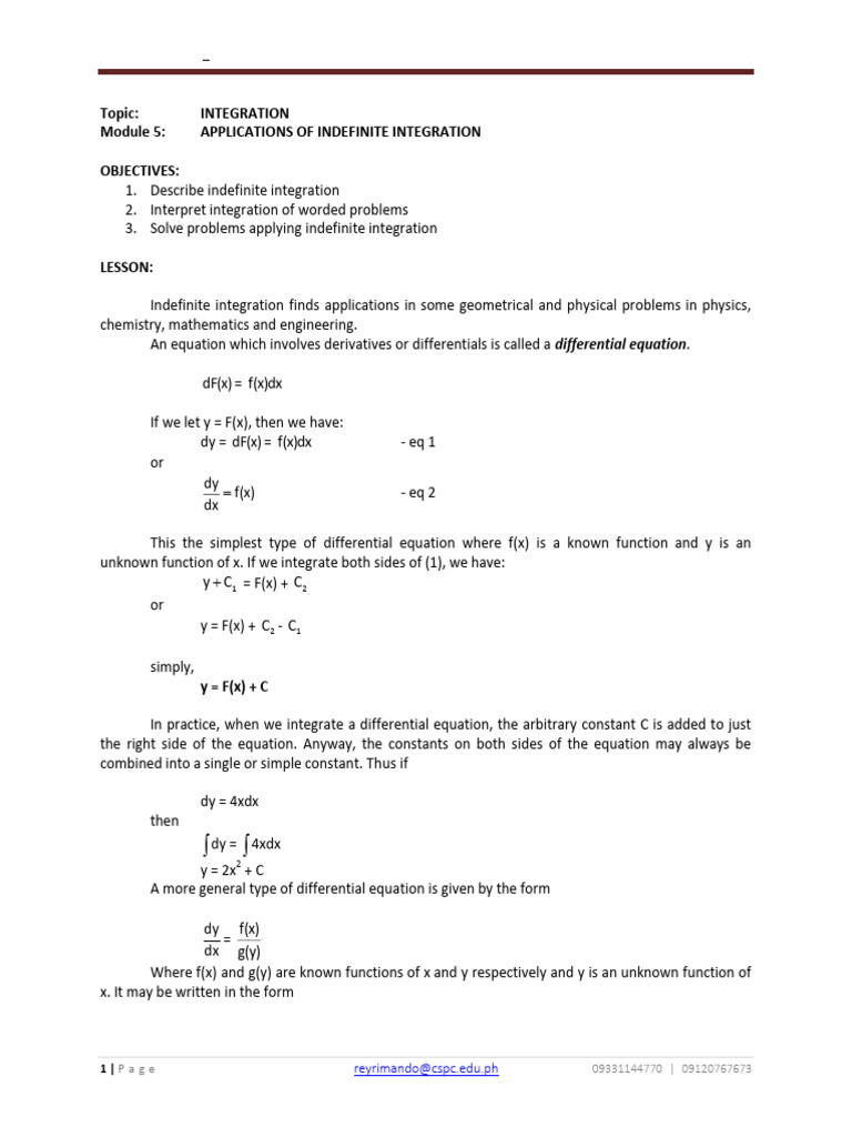Module 5 Applications of Indefinite Integration | PDF | Equations ...