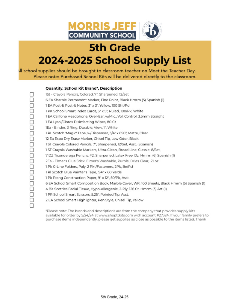 24.25 School Supply List 5th Grade | PDF