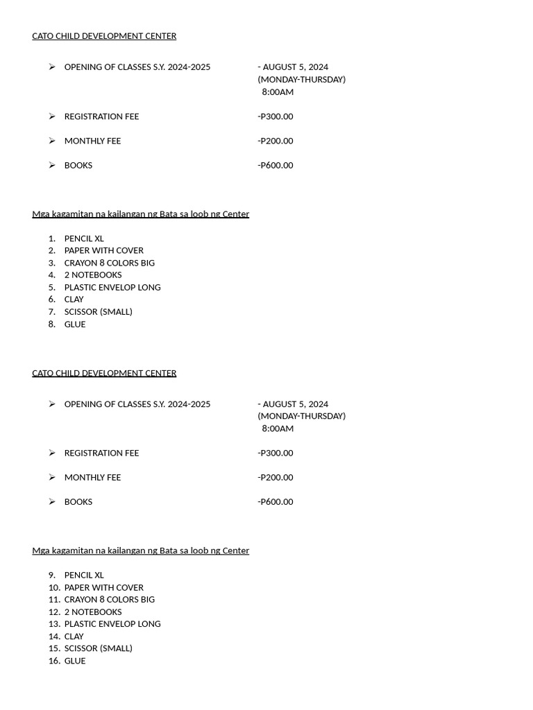 Cato Child Development Center Fees & Supplies | PDF