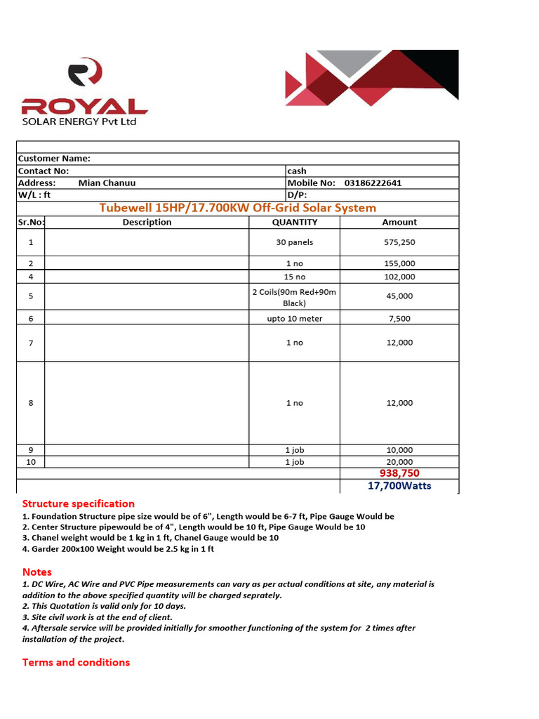 15HP Tubewell Qutation Cash | PDF | Electrical Connector | Electrical Engineering