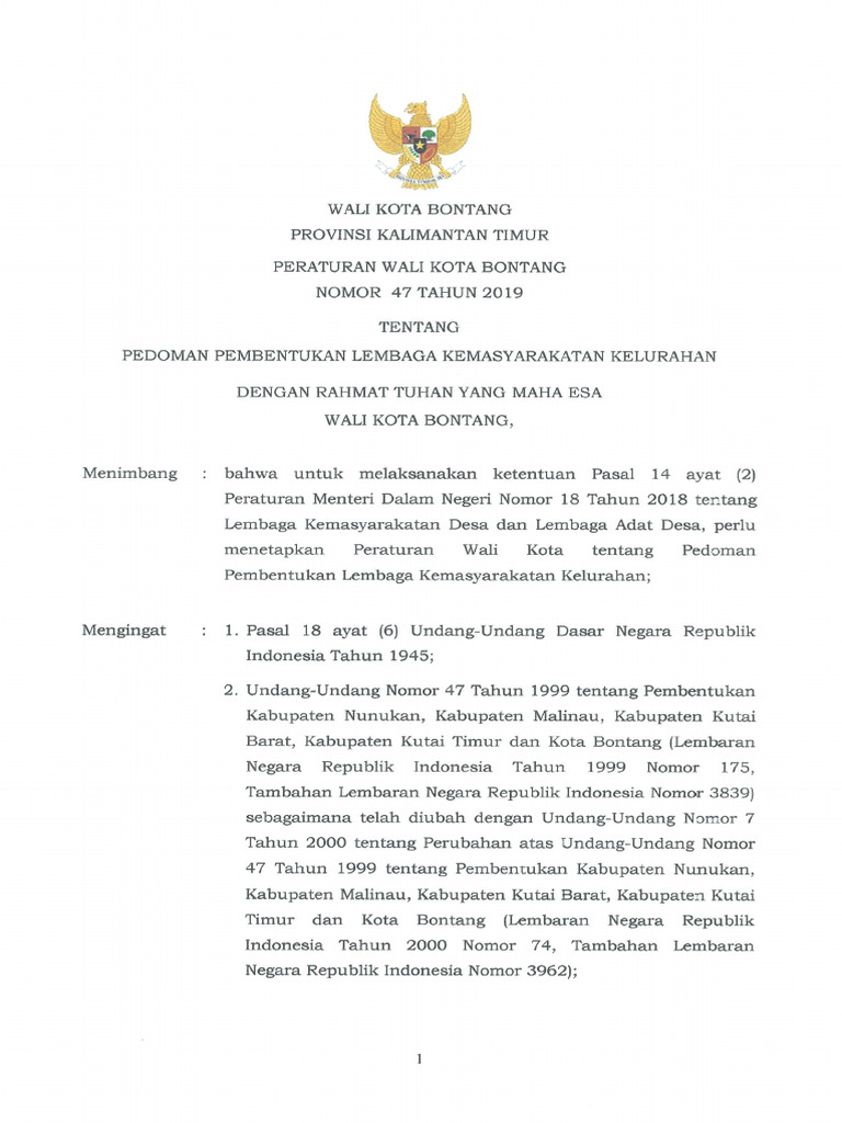 Perwali Nomor 47 Tahun 2019 Pedoman Pembentukan LKK | PDF